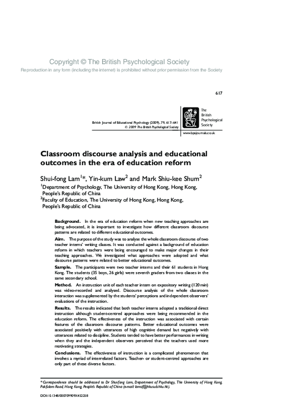 (PDF) Classroom discourse analysis and educational outcomes in the era of education reform