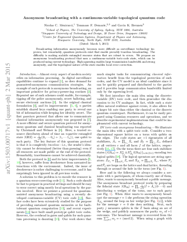(PDF) Anonymous broadcasting with a continuous variable surface code | Tommaso Demarie and G ...