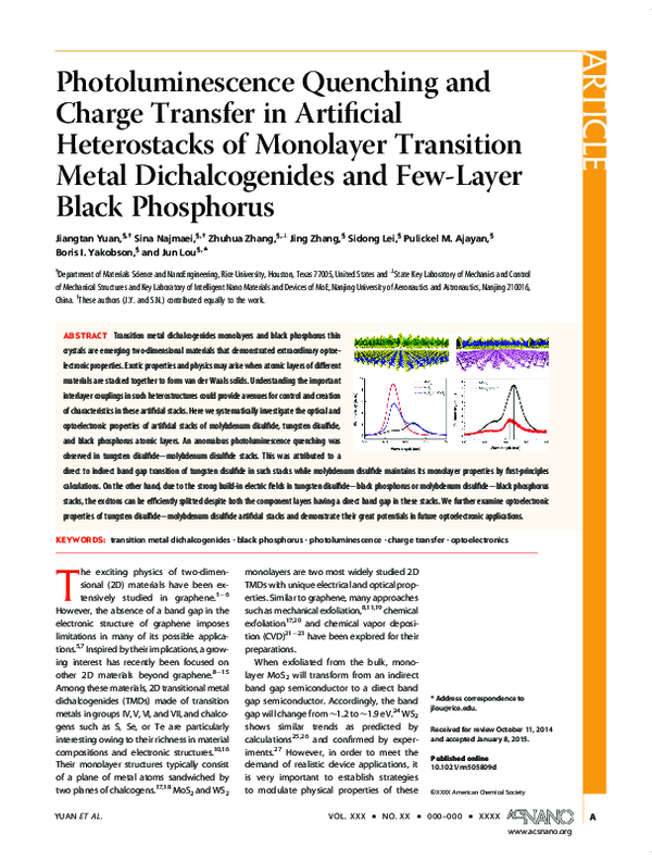 (PDF) Photoluminescence quenching and charge transfer in artificial heterostacks of monolayer ...