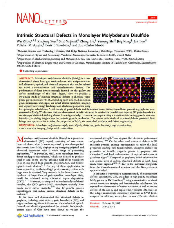 (PDF) Intrinsic Structural Defects in Monolayer Molybdenum Disulfide