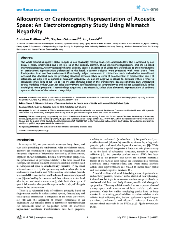 (PDF) Allocentric or Craniocentric Representation of Acoustic Space: An ...