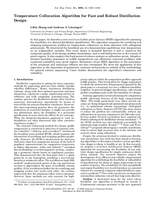 Pdf Temperature Collocation Algorithm For Fast And Robust Distillation Design