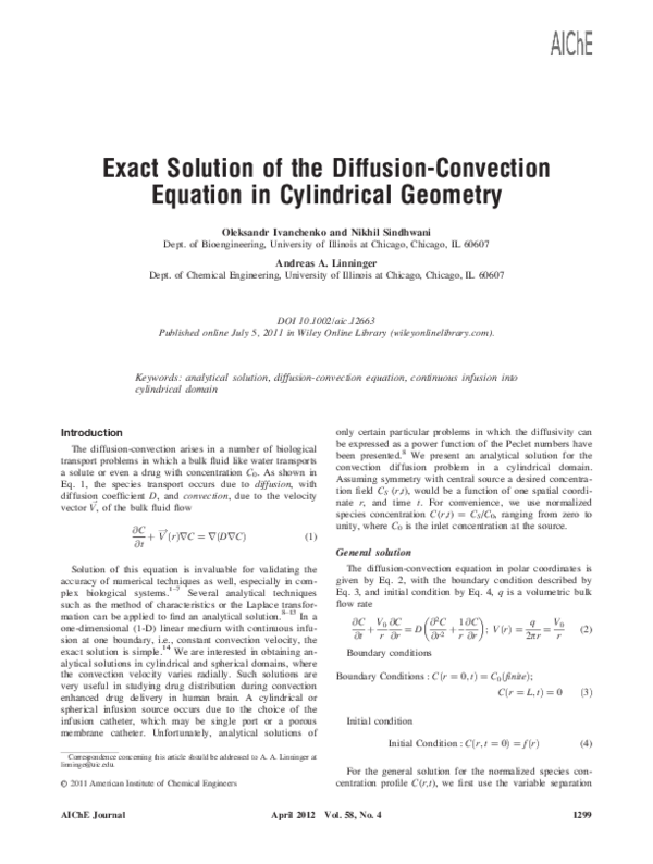 Pdf Exact Solution Of The Diffusion Convection Equation In Cylindrical Geometry