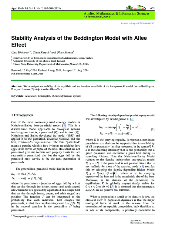 (PDF) Stability Analysis of the Beddington Model with Allee Effect