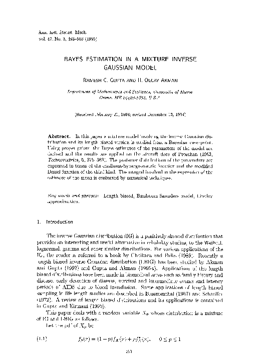 Pdf Bayes Estimation In A Mixture Inverse Gaussian Model