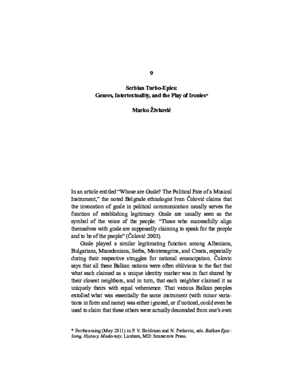 (PDF) Serbian Turbo-Epics: Genres, Intertextuality, and the Play of Ironies