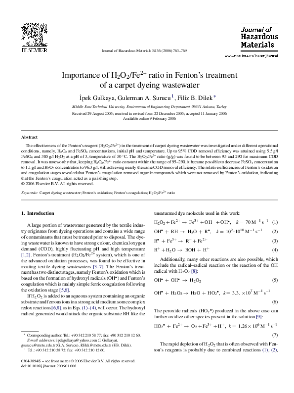 (PDF) Importance of H2O2/Fe2+ ratio in Fenton's treatment of a carpet ...