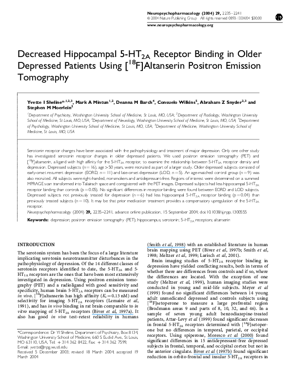 (PDF) Decreased hippocampal 5-HT2A receptor binding in major depressive ...