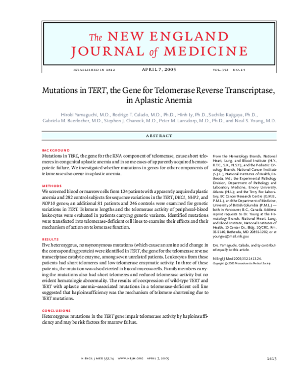 (PDF) Mutations in TERT, the Gene for Telomerase Reverse Transcriptase, in Aplastic Anemia