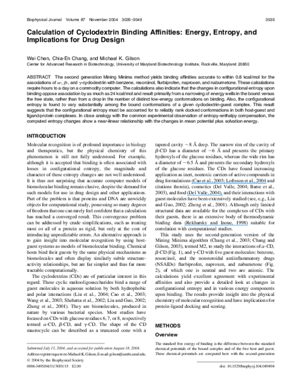 Pdf Calculation Of Cyclodextrin Binding Affinities Energy Entropy