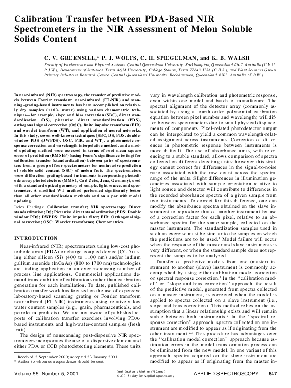 (PDF) Calibration Transfer in NIR Spectrometry for Melon Solids