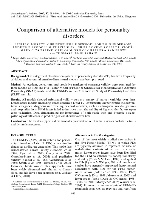 (PDF) Comparison of alternative models for personality disorders