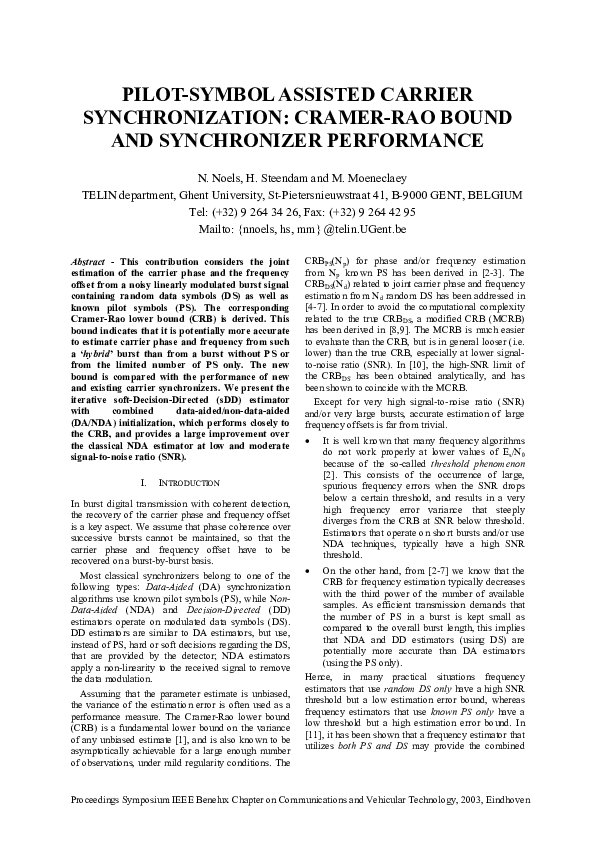 (PDF) PILOT-SYMBOL ASSISTED CARRIER SYNCHRONIZATION: CRAMER-RAO BOUND AND SYNCHRONIZER PERFORMANCE