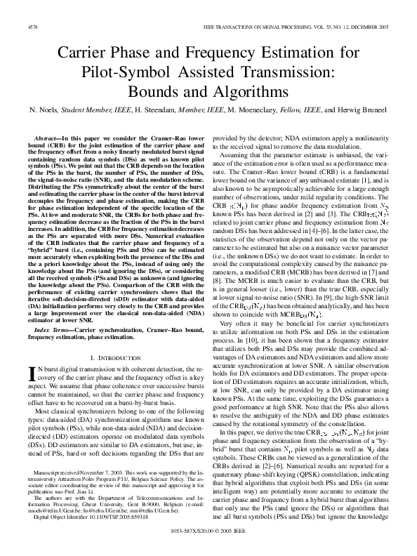 (PDF) Carrier phase and frequency estimation for pilot-symbol assisted transmission: bounds and ...