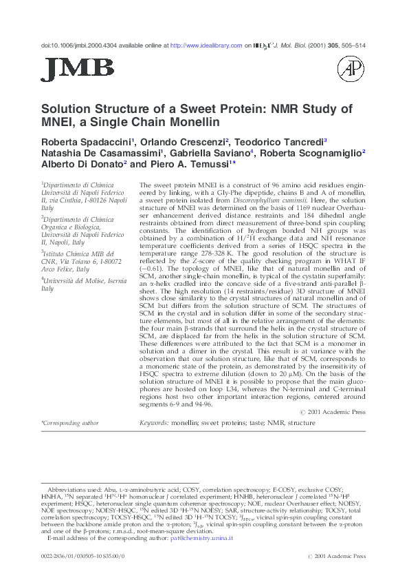 (PDF) Solution structure of a sweet protein: NMR study of MNEI, a ...