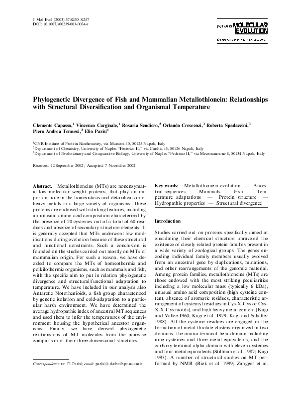 (PDF) Phylogenetic Divergence of Fish and Mammalian Metallothionein ...