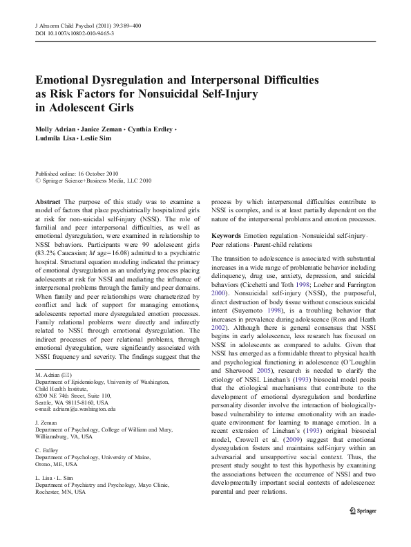 (PDF) Emotional Dysregulation and Interpersonal Difficulties as Risk ...