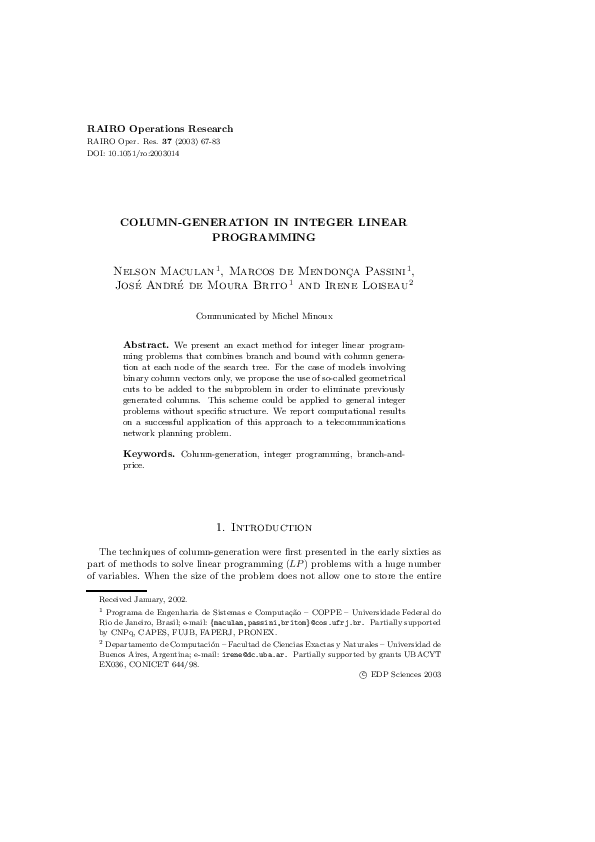 (PDF) Column-Generation in Integer Linear Programming (PDF) Column-Generation in Integer Linear Programming