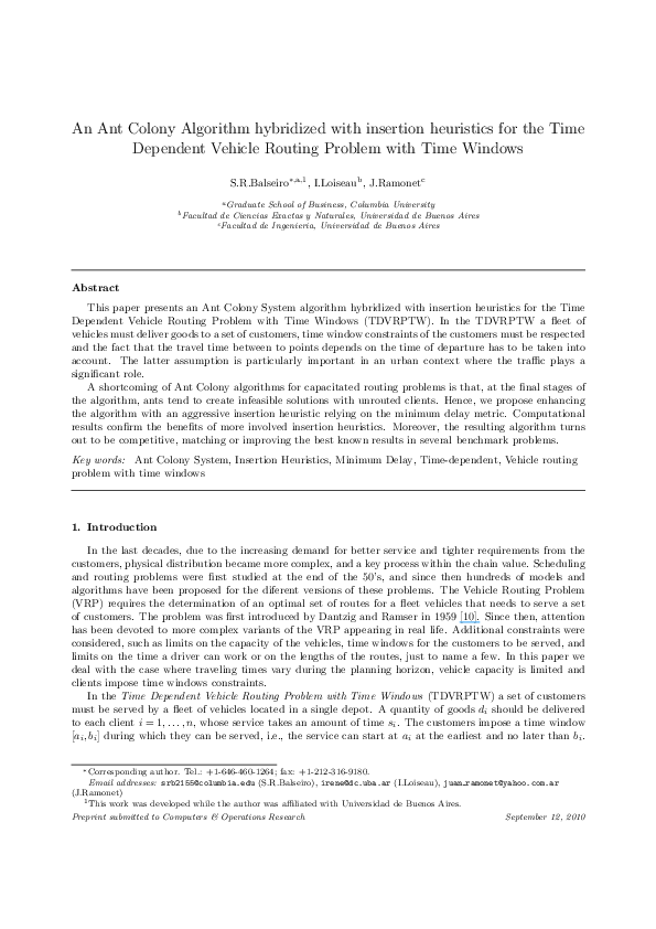 (PDF) An Ant Colony algorithm hybridized with insertion heuristics for the Time Dependent ...