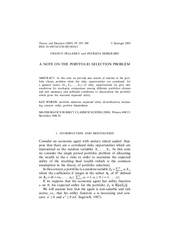 (PDF) A Note on the Portfolio Selection Problem