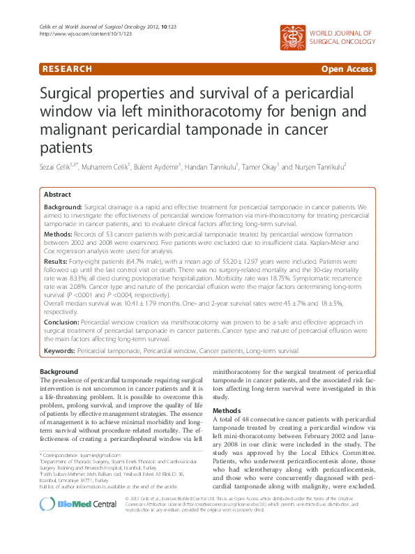 Pdf Surgical Properties And Survival Of A Pericardial Window Via Left Minithoracotomy For