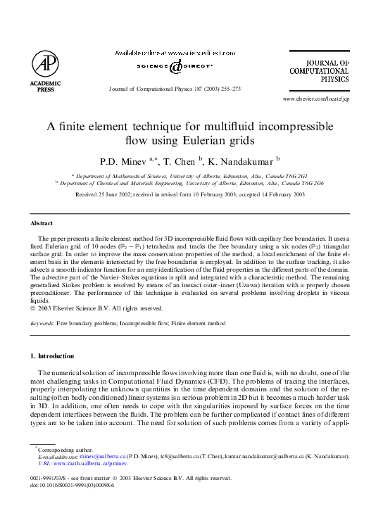 Pdf A Finite Element Technique For Multifluid Incompressible Flow Using Eulerian Grids