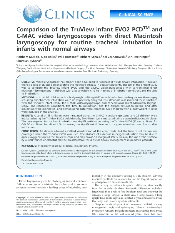 (PDF) Comparison of the TruView infant EVO2 PCD™ and C-MAC video ...