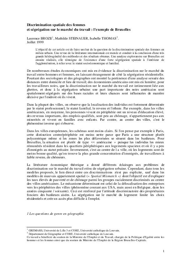 Discrimination spatiale des femmes et ségrégation sur le marché du ...