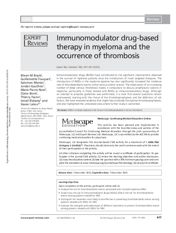 (PDF) Immunomodulator drug-based therapy in myeloma and the occurrence of thrombosis