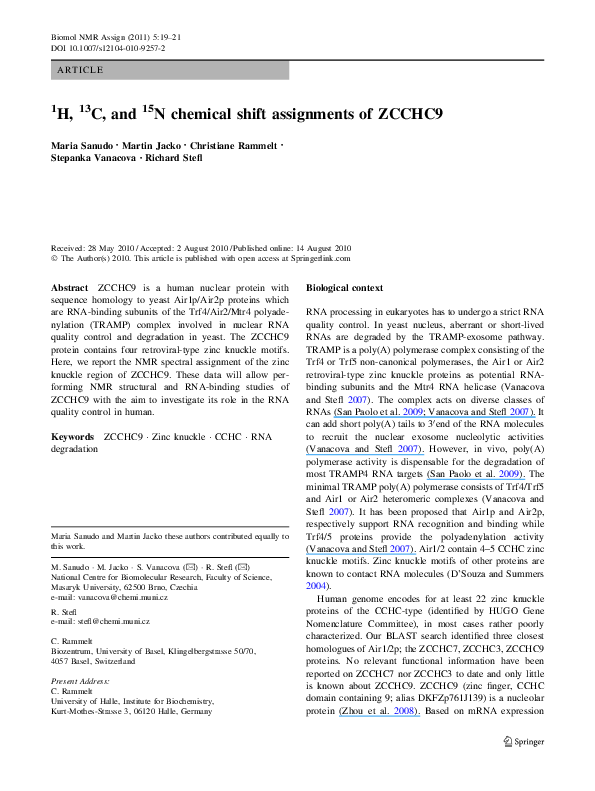 (PDF) 1H, 13C, and 15N chemical shift assignments of ZCCHC9
