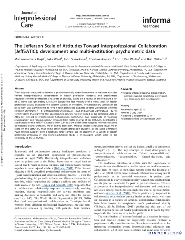 (PDF) The Jefferson Scale of Attitudes Toward Interprofessional Collaboration (JeffSATIC ...