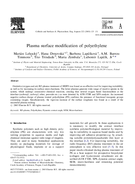(PDF) Plasma surface modification of polyethylene