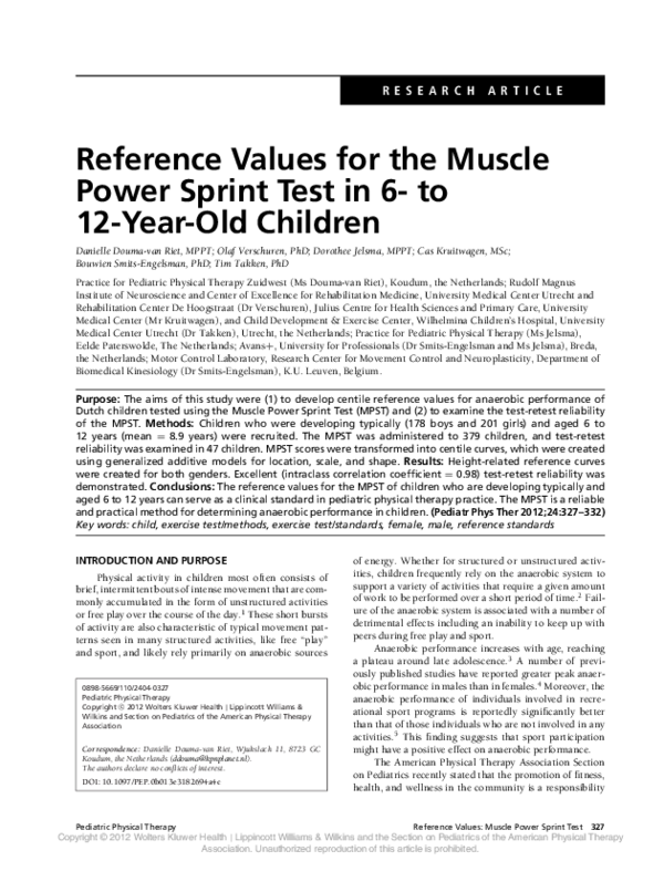 (PDF) Reference Values for the Muscle Power Sprint Test in 6- to 12 ...