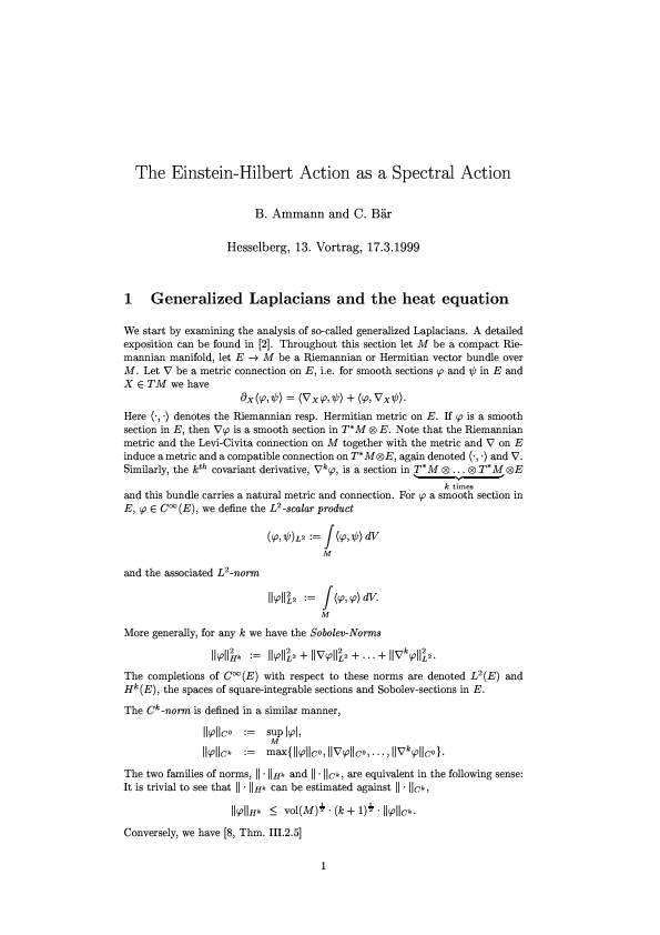 (PDF) The Einstein-Hilbert Action as a Spectral Action