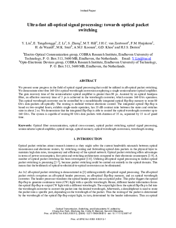 (PDF) Ultra-fast all-optical signal processing: towards optical packet switching