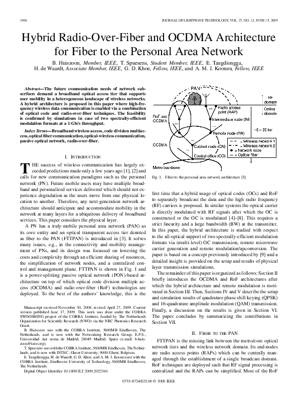 (PDF) Hybrid Radio-Over-Fiber and OCDMA Architecture for Fiber to the Personal Area Network