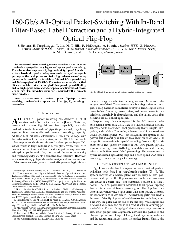 (PDF) 160-Gb/s All-Optical Packet-Switching With In-Band Filter-Based Label Extraction and a ...