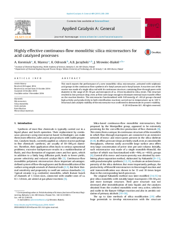 (PDF) Highly effective continuous-flow monolithic silica microreactors for acid catalyzed processes