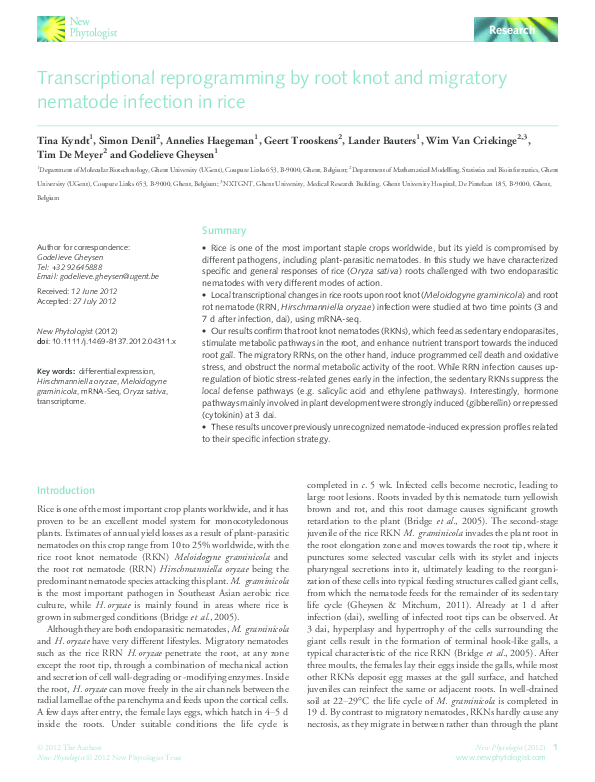 (PDF) Transcriptional reprogramming by root knot and migratory nematode infection in rice ...