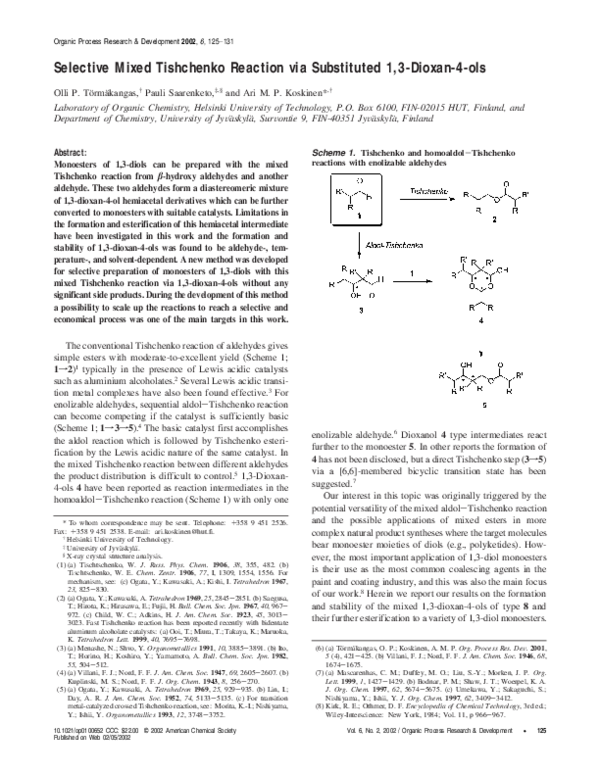 (PDF) Selective Mixed Tishchenko Reaction via Substituted 1,3-Dioxan-4-ols