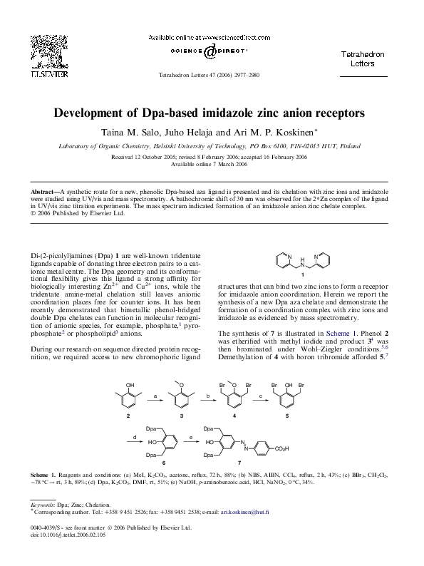 (PDF) Development of Dpa-based imidazole zinc anion receptors