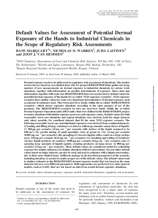 (PDF) Default Values for Assessment of Potential Dermal Exposure of the ...