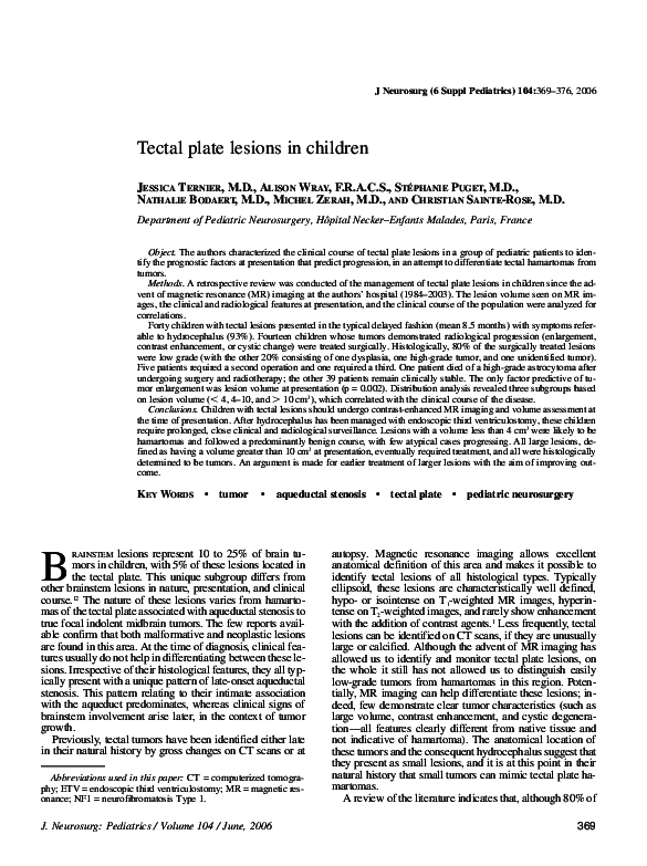 (PDF) Tectal plate lesions in children | Alison Wray, Michel ZERAH, and ...