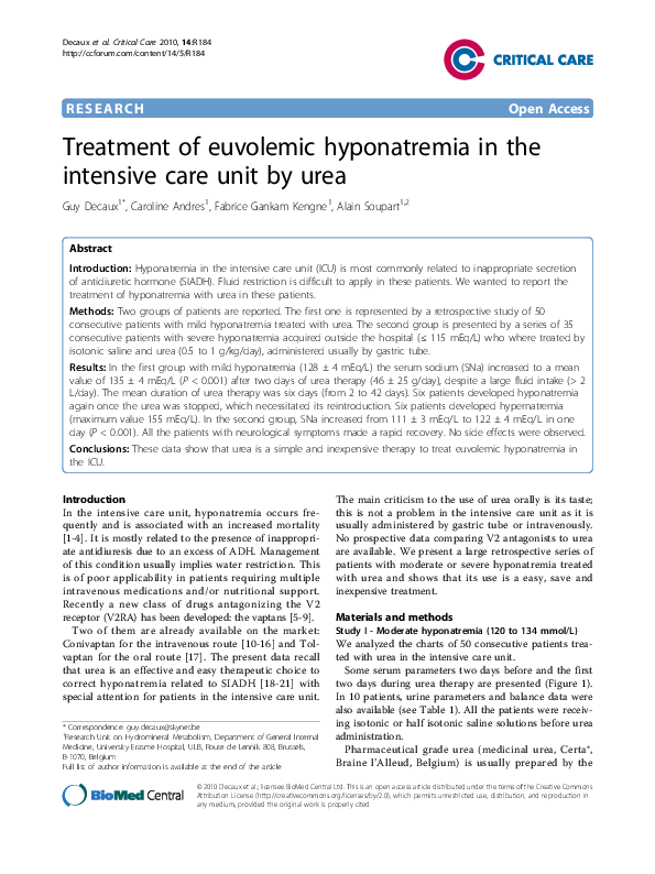 (PDF) Treatment of euvolemic hyponatremia in the intensive care unit by ...