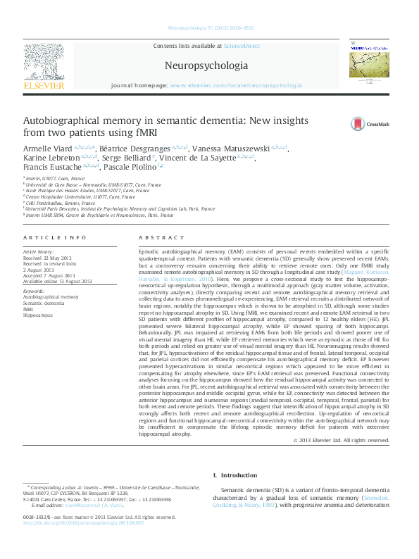 (PDF) Autobiographical memory in semantic dementia: A longitudinal fMRI ...