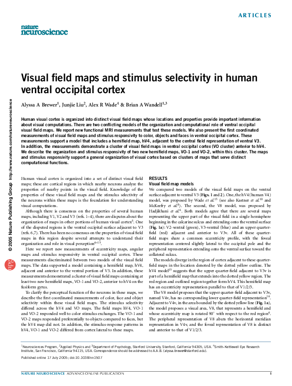 (PDF) Visual field maps and stimulus selectivity in human ventral ...