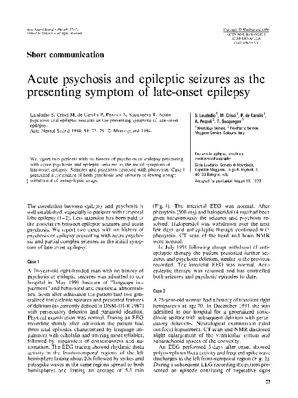 (PDF) Acute Psychosis and Seizures in Late-Onset Epilepsy