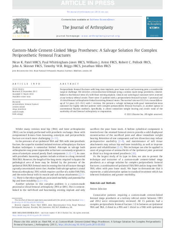(PDF) Custom-Made Cement-Linked Mega Prostheses: A Salvage Solution For ...