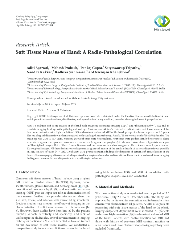 (PDF) Soft Tissue Masses of Hand: A Radio-Pathological Correlation