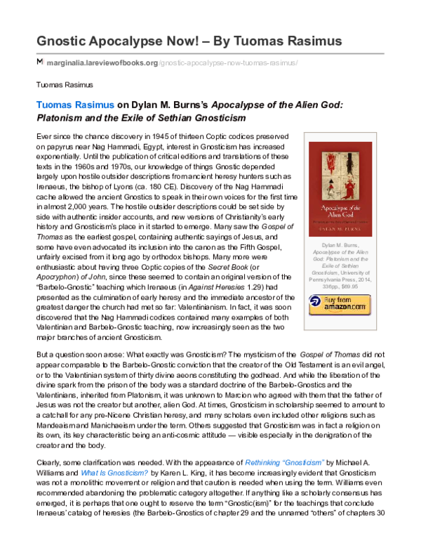 (PDF) Gnostic Apocalypse Now! – Tuomas Rasimus on Dylan M. Burns's ...